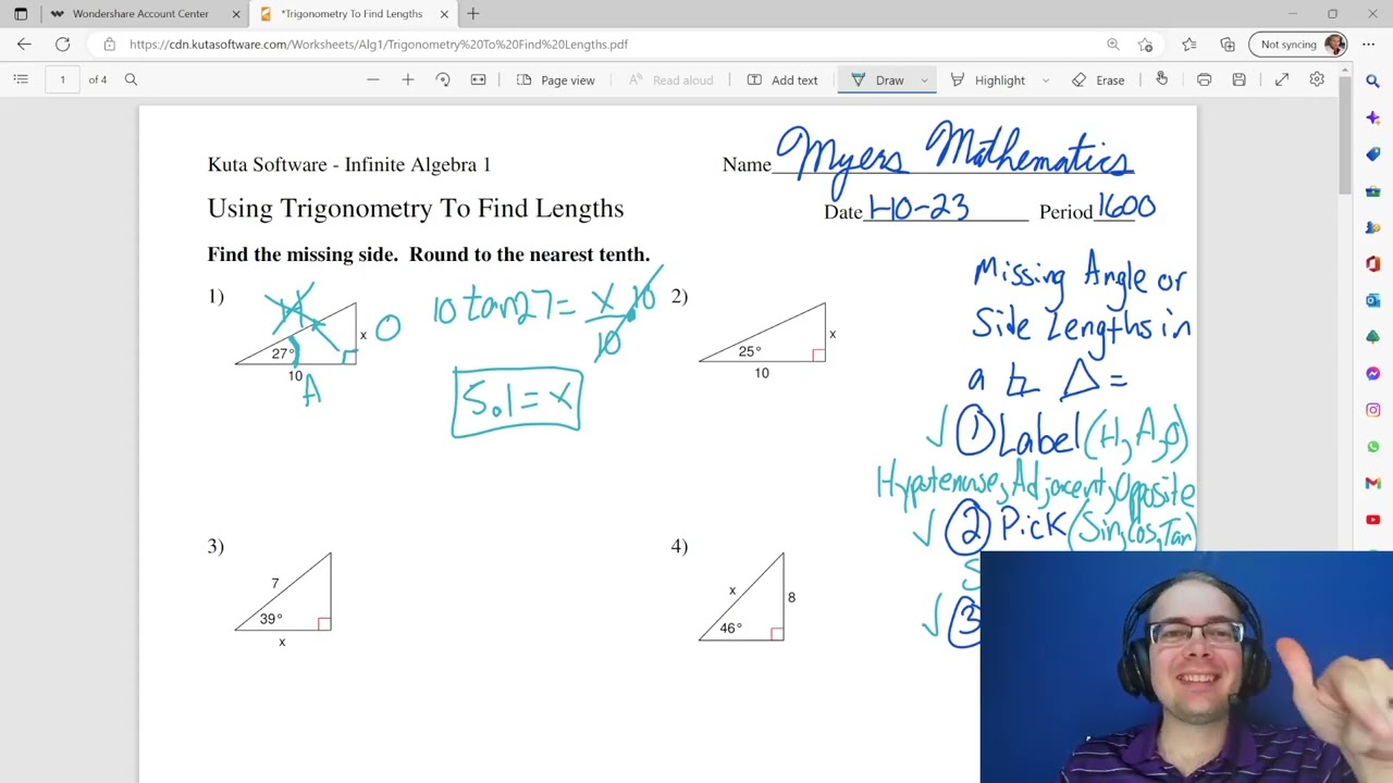 Using Trigonometry to Find Lengths- Algebra 1 Kuta Worksheet Series