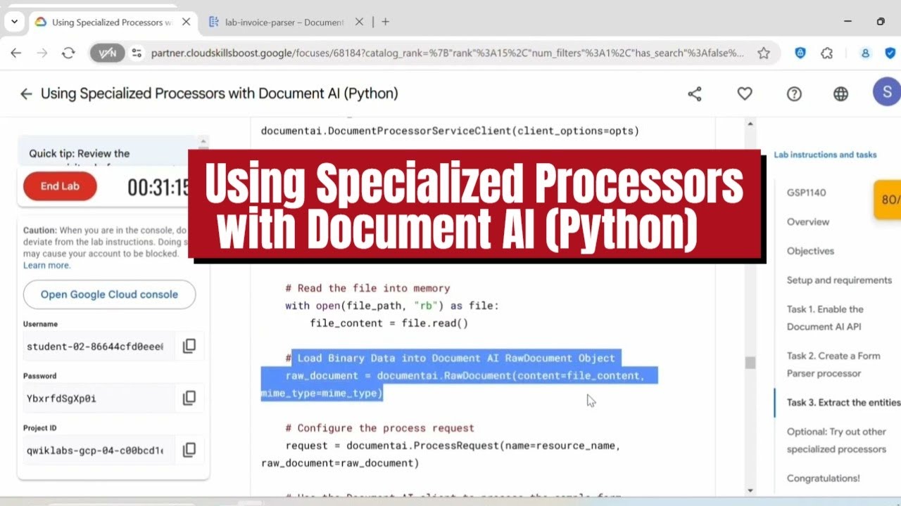 Using Specialized Processors with Document AI (Python) | GCP lab with explanation | GSP1140