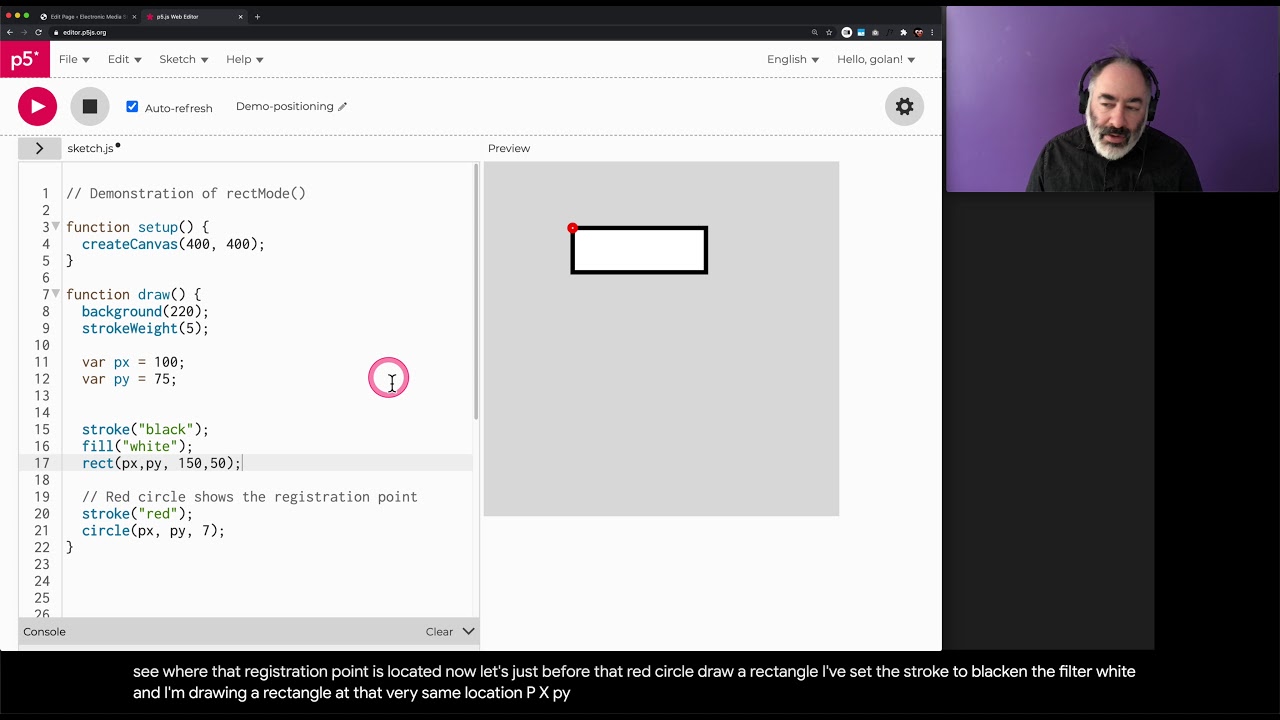 p5.js rectMode() demonstration