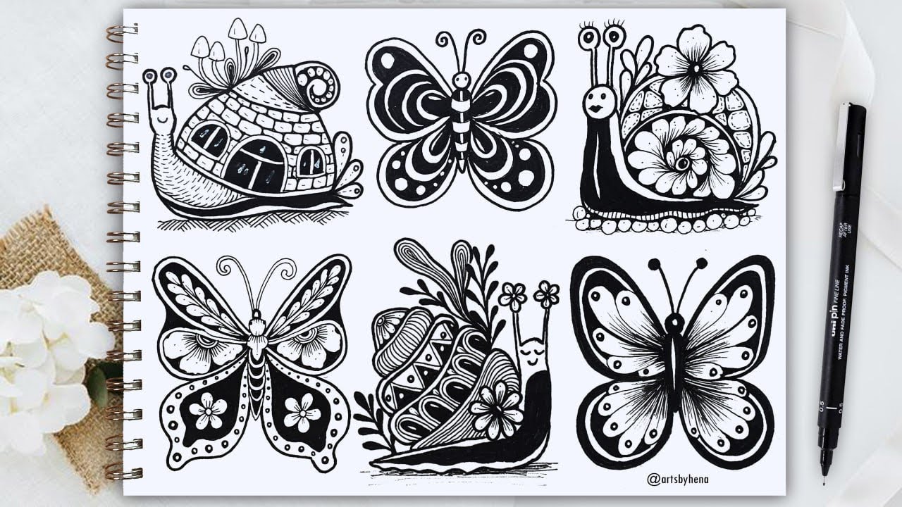 How To Draw Snail & Butterfly Easy Draw For Beginners | Snail Zentangle  |  Butterfly Zentangle
