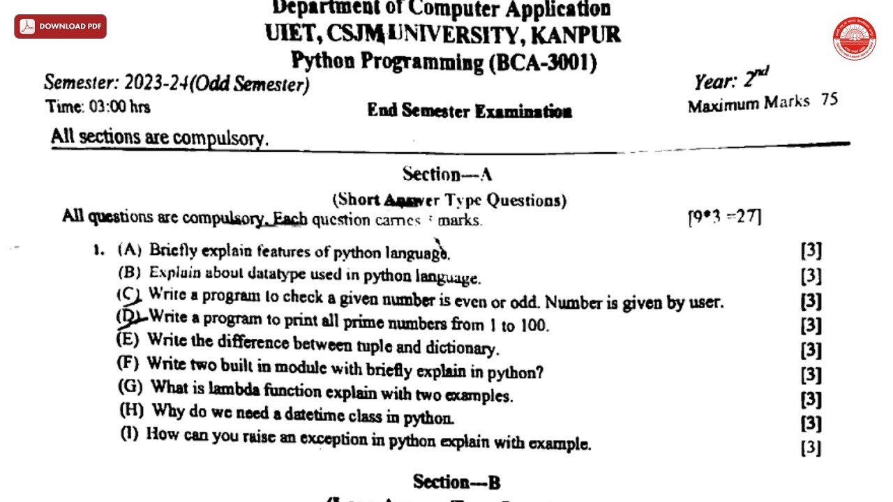 BCA 3RD SEM PYTHON PROGRAMMING BCA 2024 | CSJMU