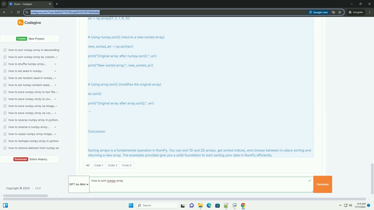 how to sort numpy array