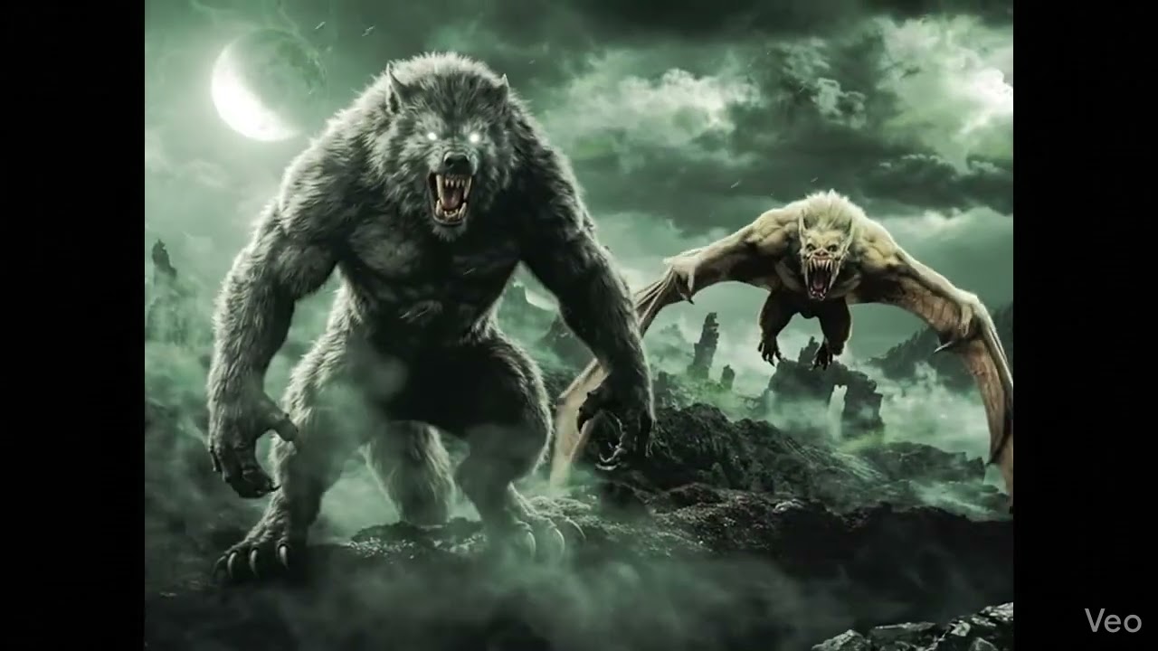 Gigantic wolf-like demon slowly rises from shadows of a ruined mountain under a massive full moon