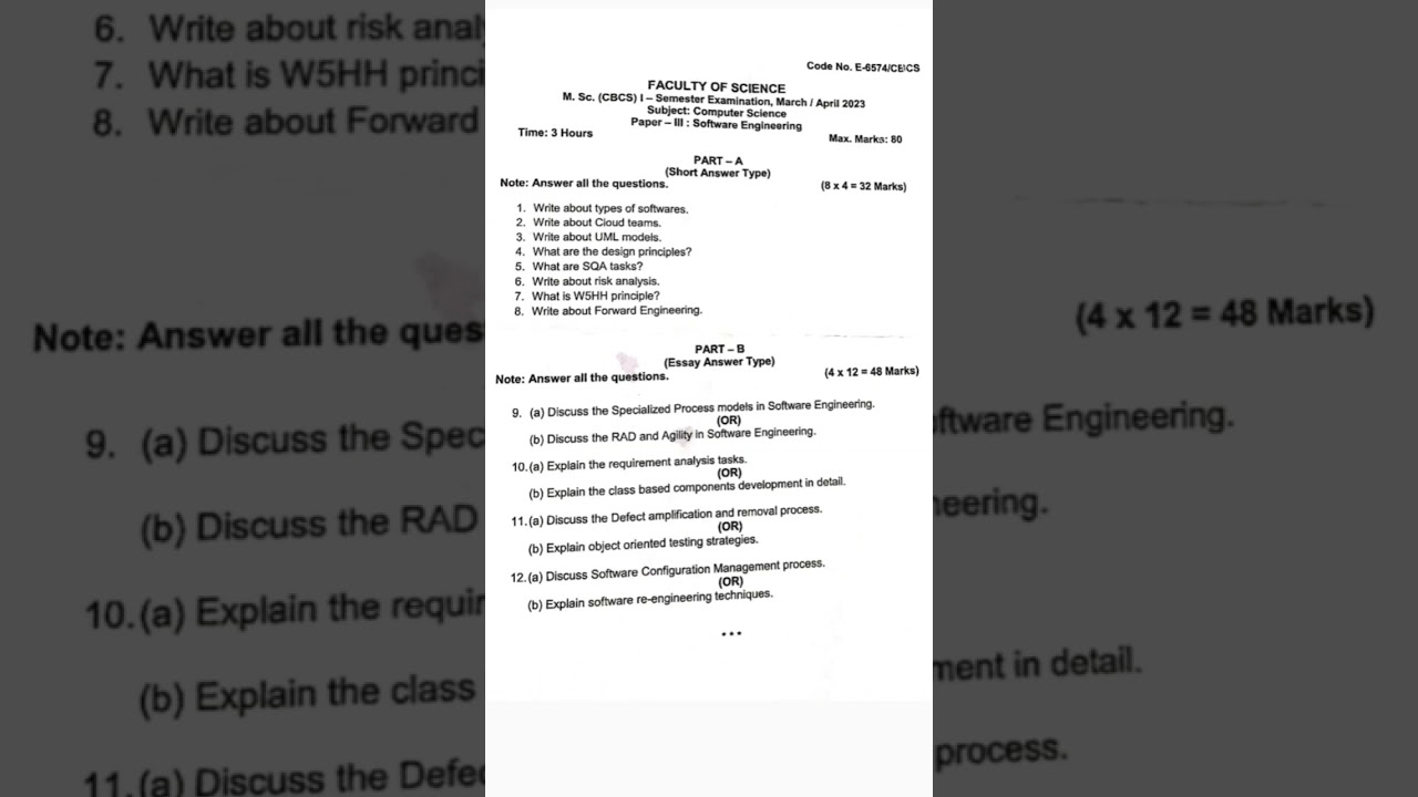 OU M.Sc Computer Science semester - I Paper - 3 Software Engineering Question paper 2023