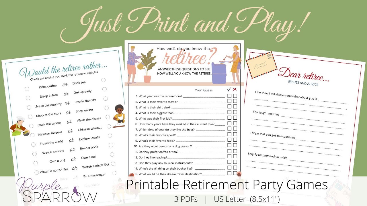 Retirement Party Games | 3 Printable PDFs | US Letter