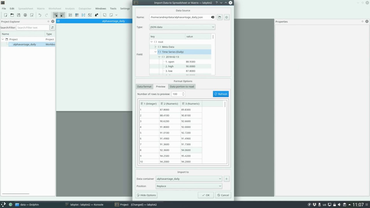 Labplot JSON partial import