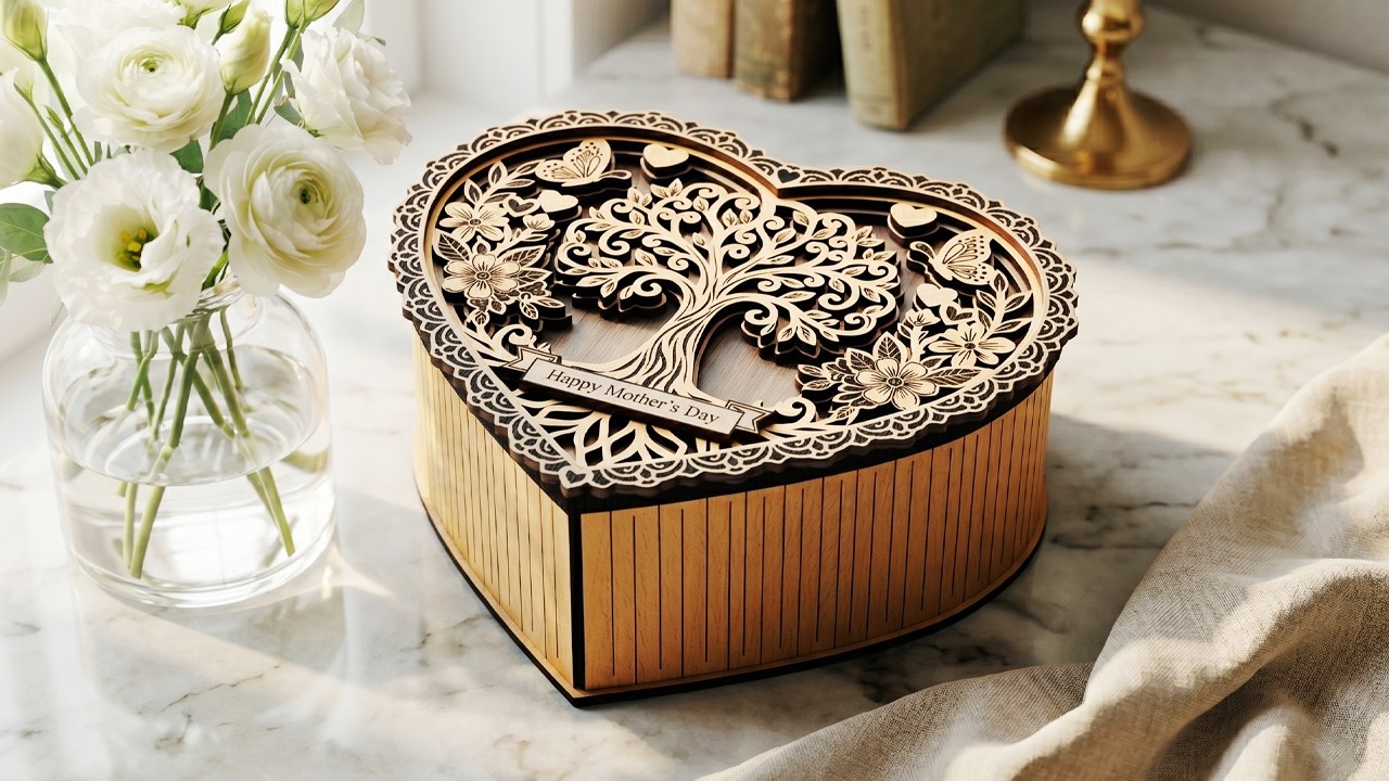 Personalized Heart Shaped Box SVG – Layered Laser Cut Gift Box – Floral Tree Digital Download |#713|