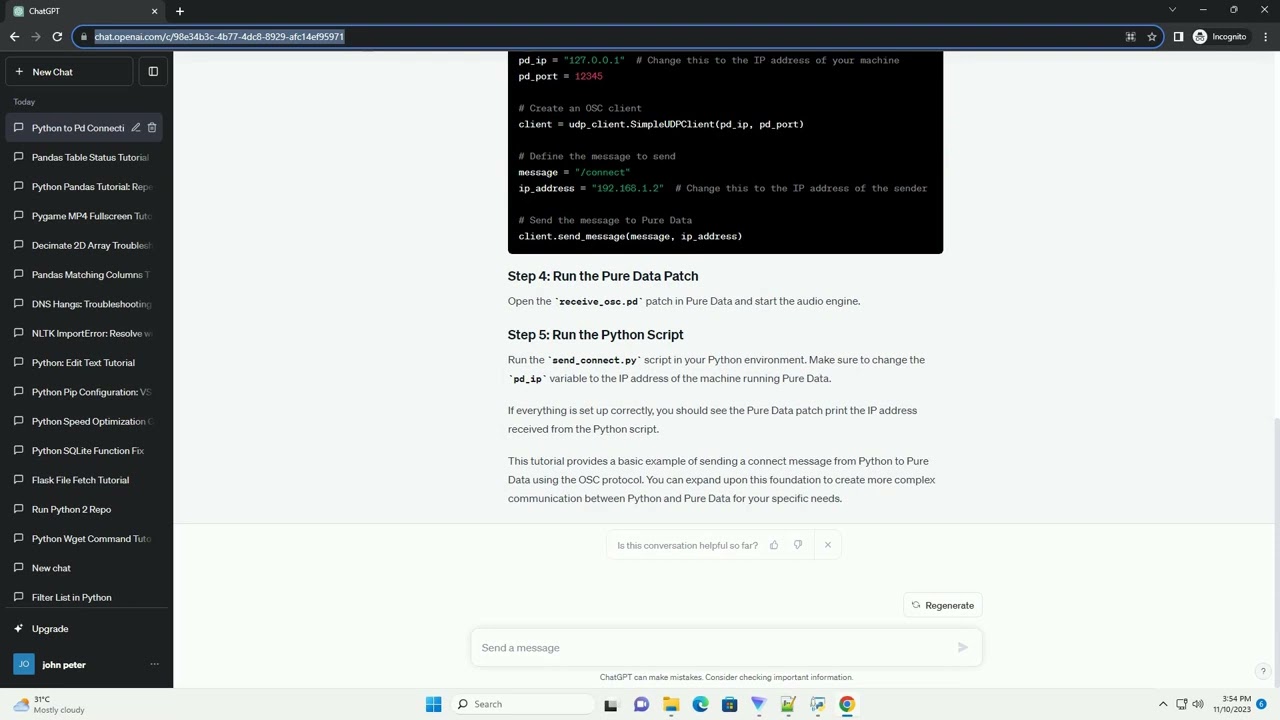 How to send a connect message from Python to Pure Data