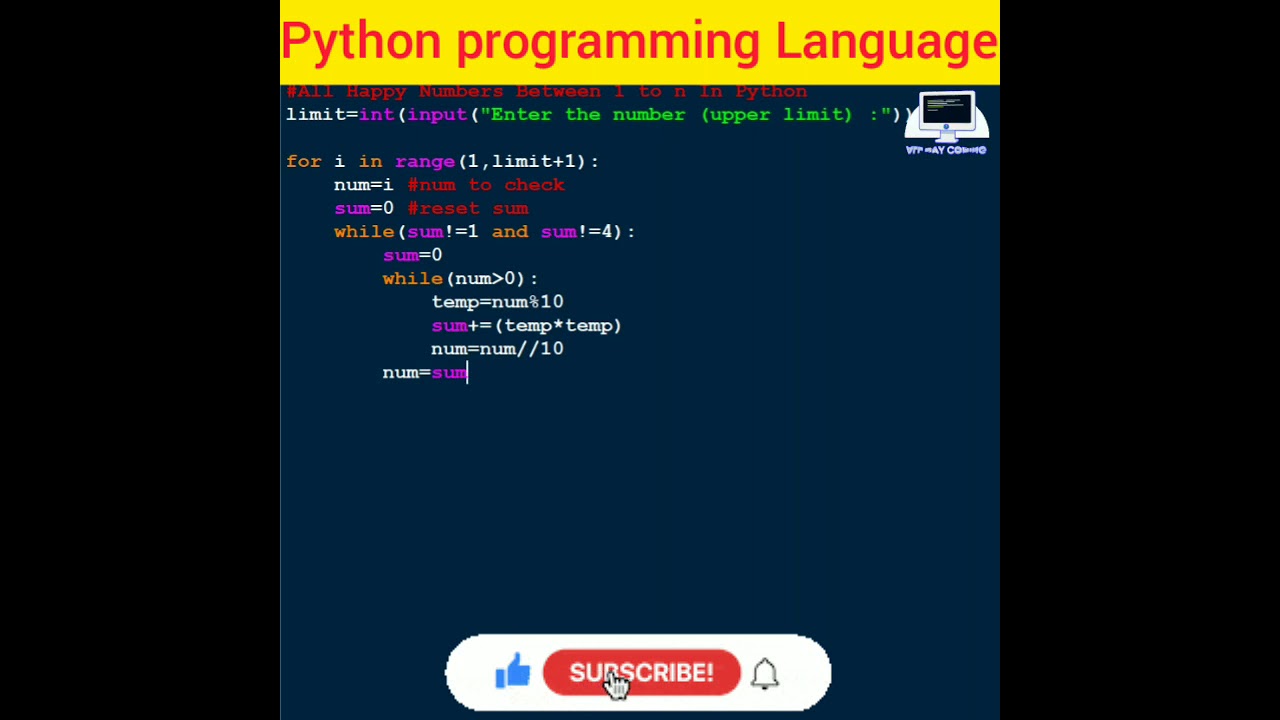 #pyhon 60 To Print All Happy Numbers (1 to n) In Python | Computer Programming | #shorts #python