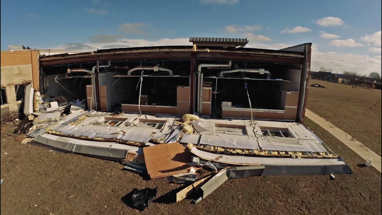 Aerial look at Tornado damage to Donald T. Shields Elementary