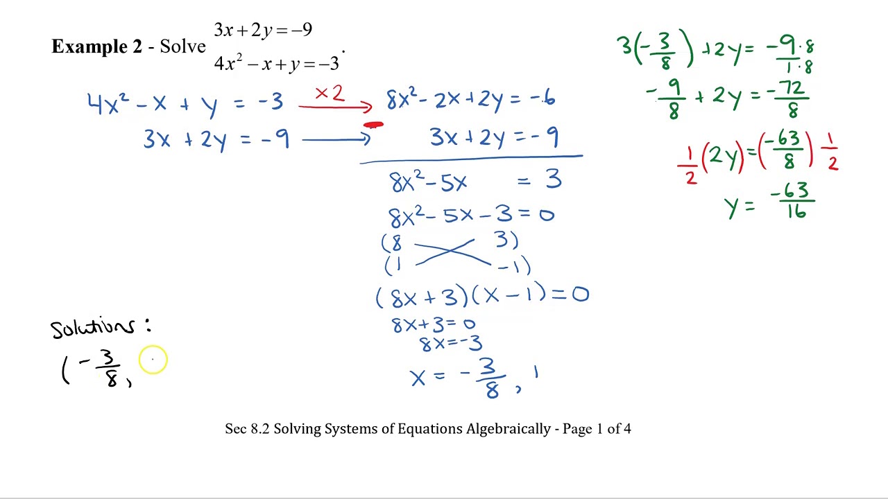 Math 11 - Sec 8.2 Solving Systems of Equations Algebraically