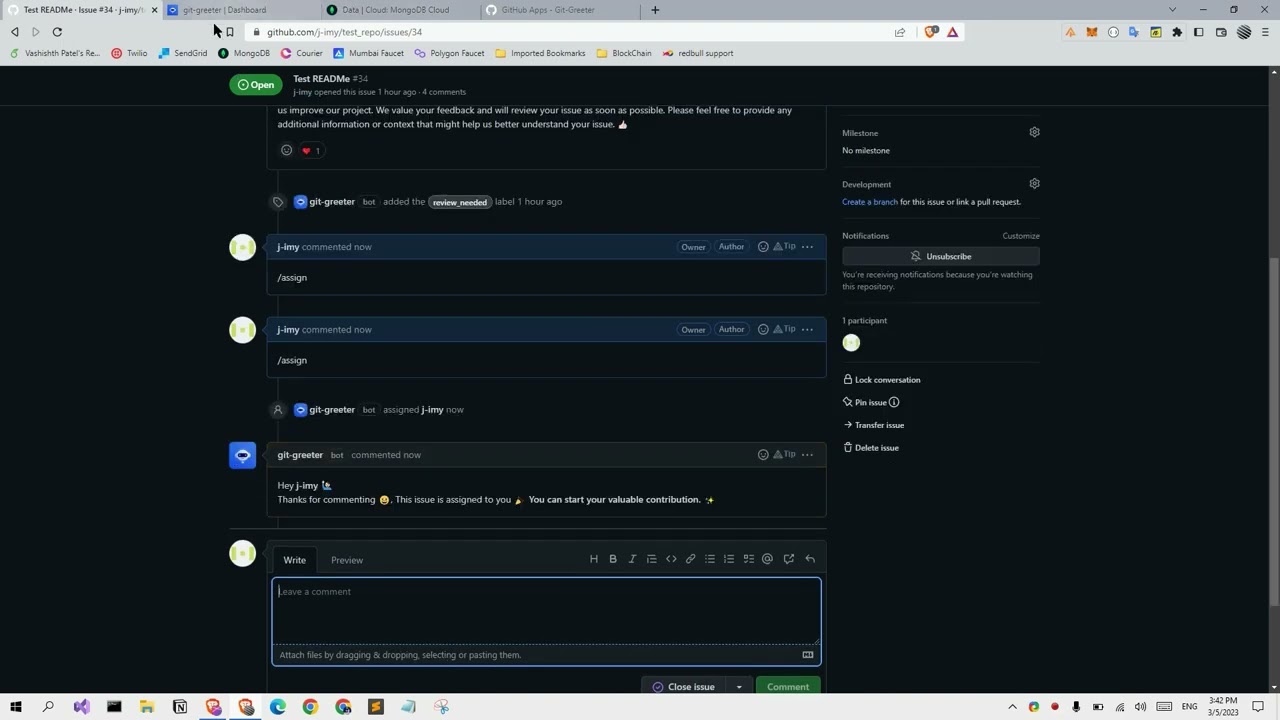 Git-Greeter GitHub App | HackForCreators Hackathon Project