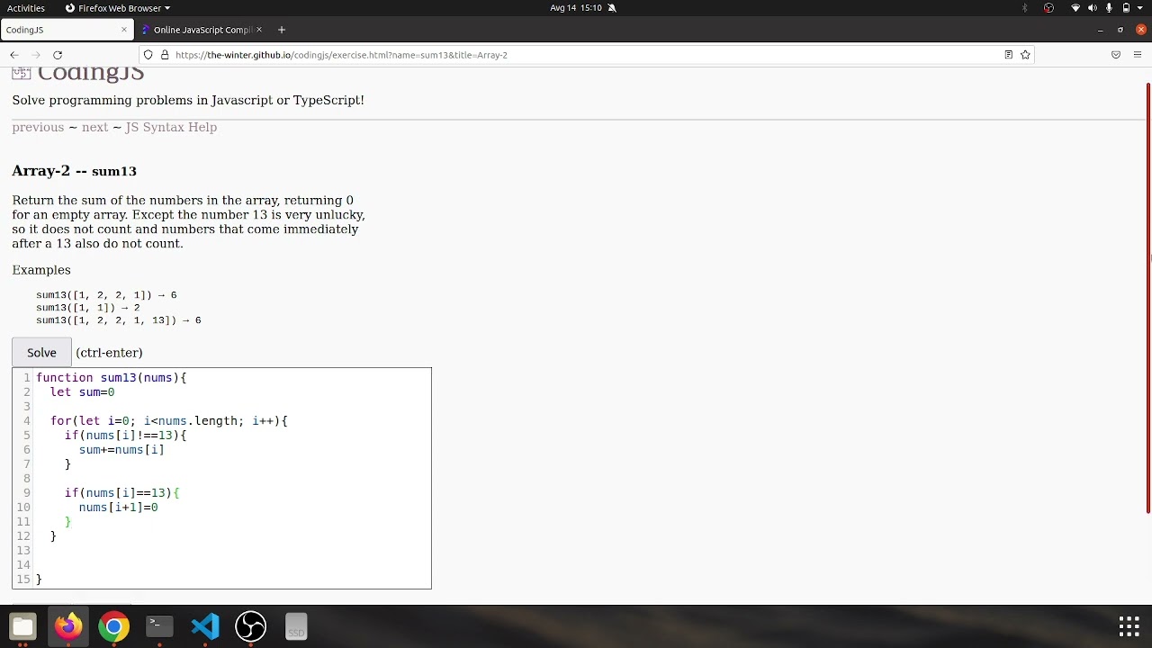 Codingjs (Codingbat)  Array-2  sum13  solution