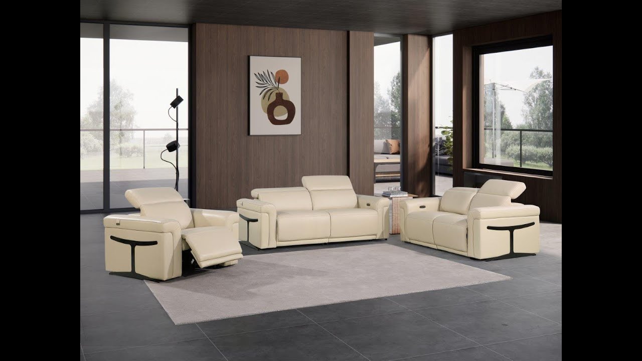 1126-DivnItalia Top Grain Power Reclining Italian Leather Sofa Set in Beige