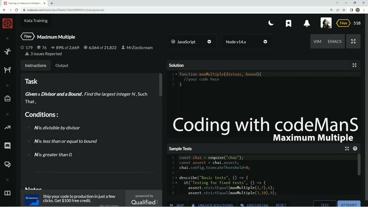 Codewars 7 kyu Maximum Multiple JavaScript