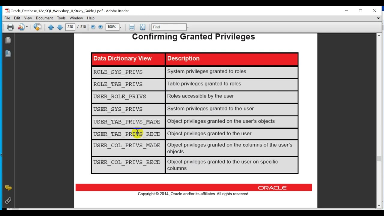 Oracle Database 12c: SQL Workshop - Object privileges