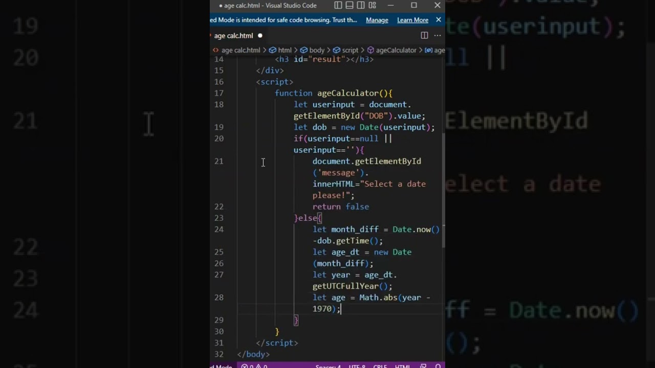 Create Age Calculator using HTML & CSS JavaScript #shorts
