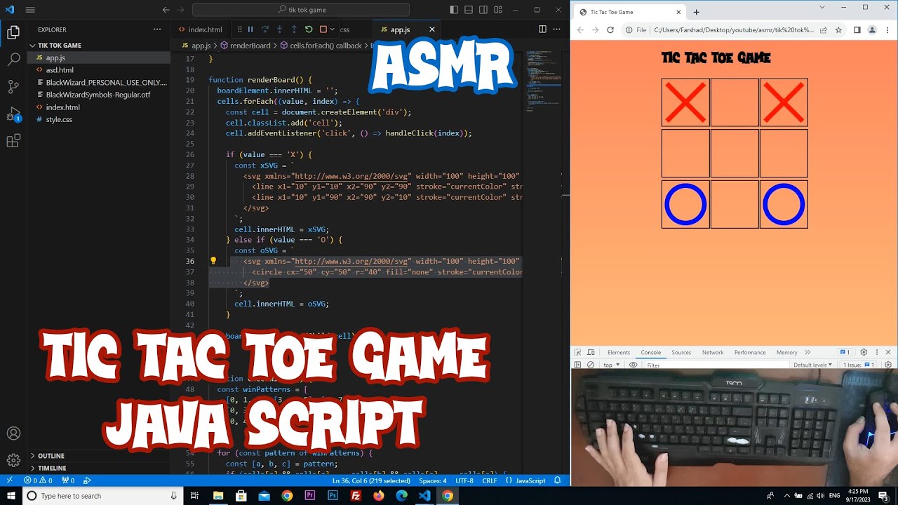 ASMR Programming - Tic Tac Toe javascript - No Talking
