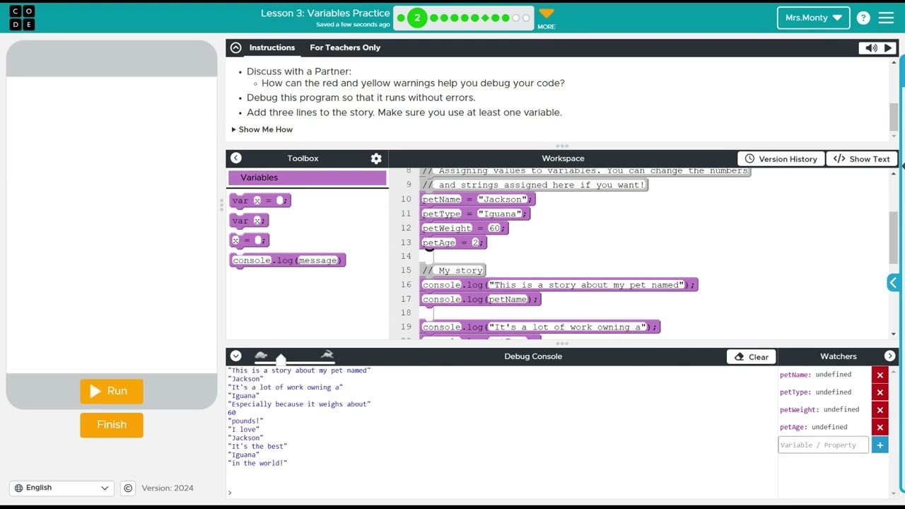 Code.org Computer Science Priniciples Unit 4: Lesson 3 - Part 1 - Variables Practice