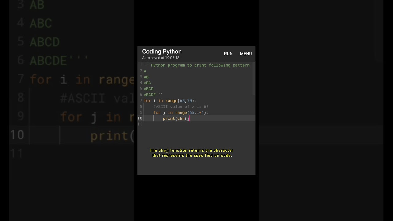 Alphabet pattern: Python program to print alphabet in right triangle #ytshorts#pythontutorial