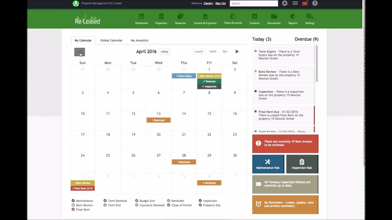 Re-Leased Property Software | Calendar driven dashboard