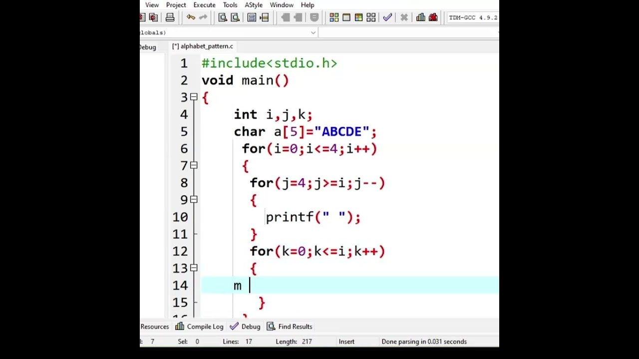 Print alphabet pattern in triangle shape in C language #education #coding #cprogrmming
