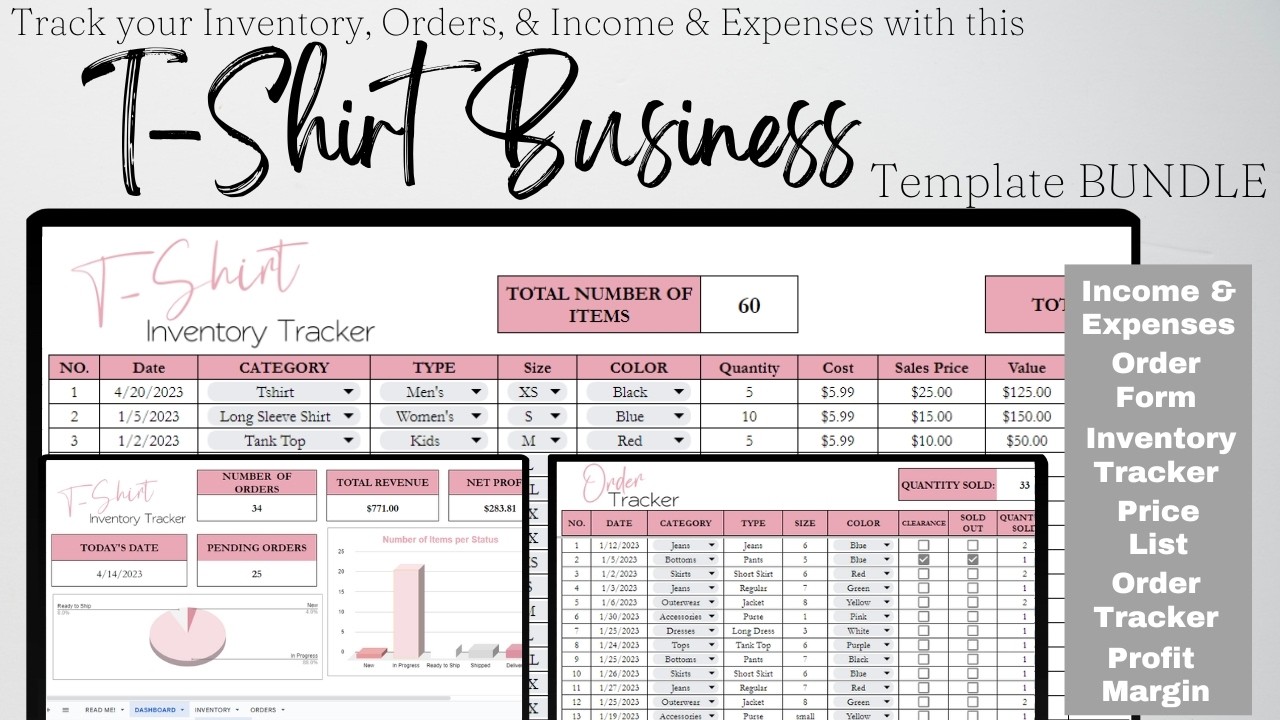 T-Shirt Business Template Bundle, Inventory Tracker, Orders Google Sheets Excel Spreadsheet Template