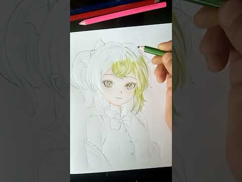 Anime girl colouring/colour pencil with sap green version