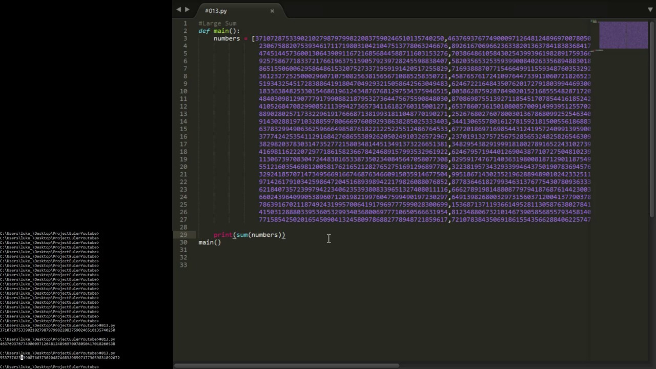 Python Beginner tutorial series using project Euler #13 - Large sum