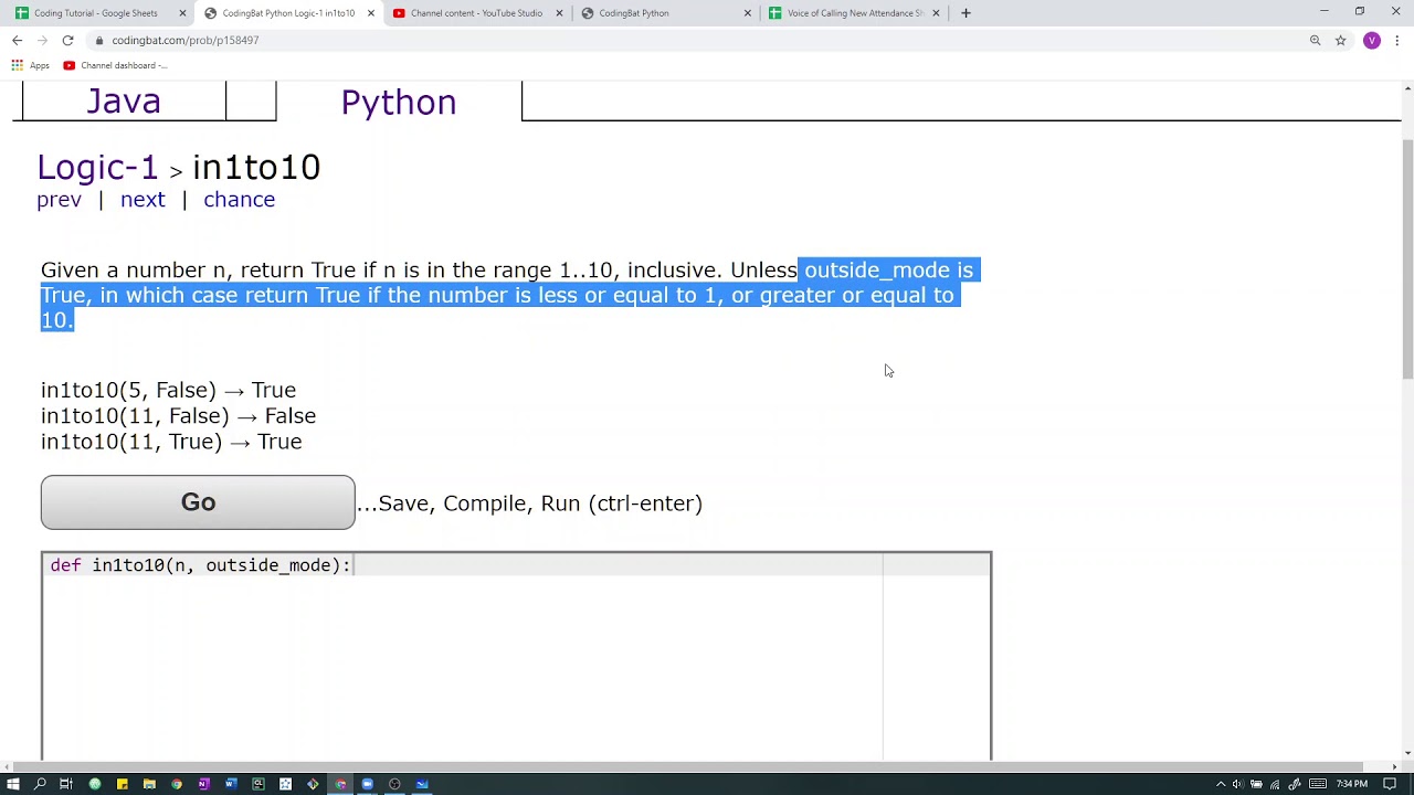 Logic-1 (in1to10) Python Tutorial || codingbat.com
