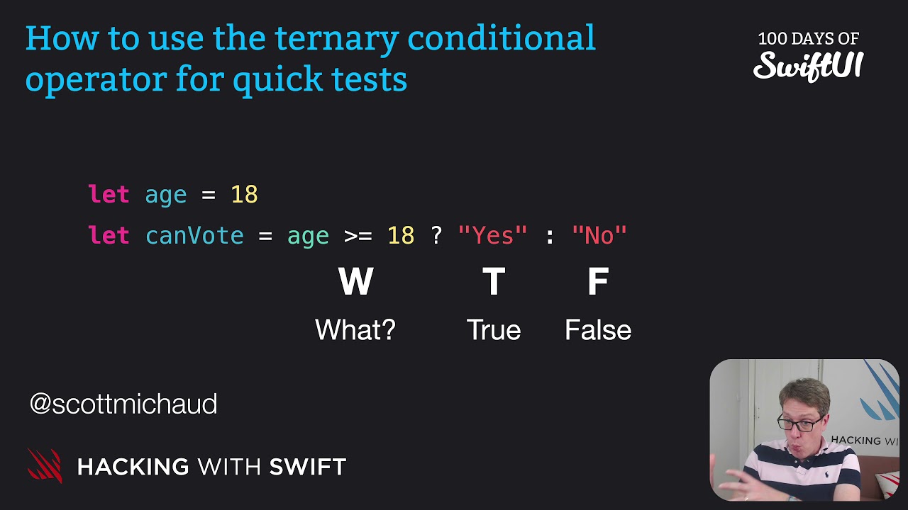 How to use the ternary conditional operator for quick tests – Swift for Complete Beginners