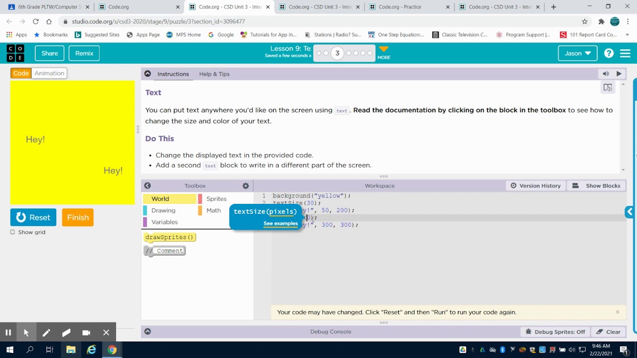Code.org Lesson 9 Text
