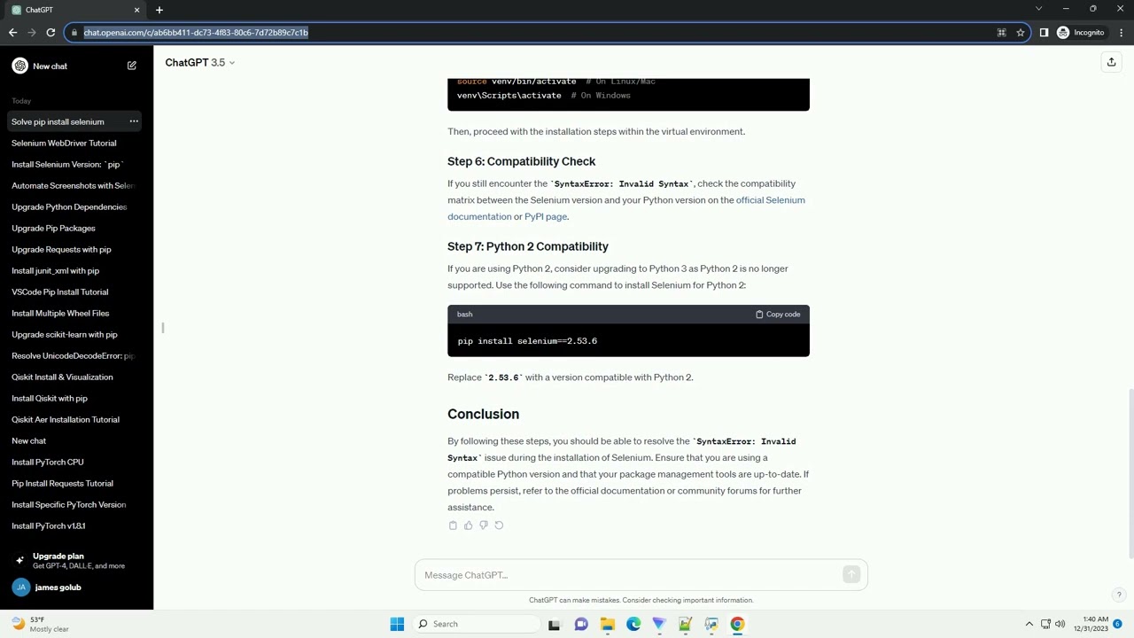 pip install selenium syntaxerror invalid syntax