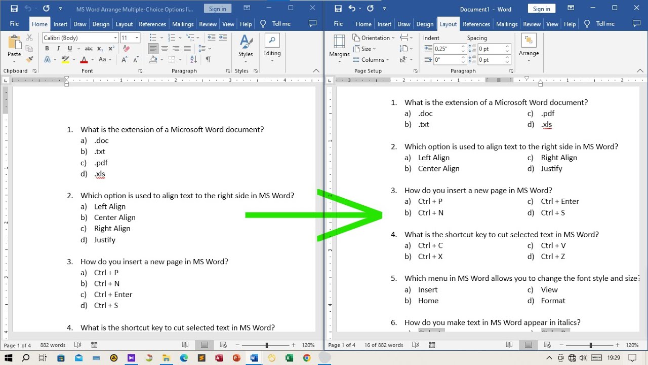 Efficient Formatting of Multiple Choice Question (MCQ) Options in Microsoft Word
