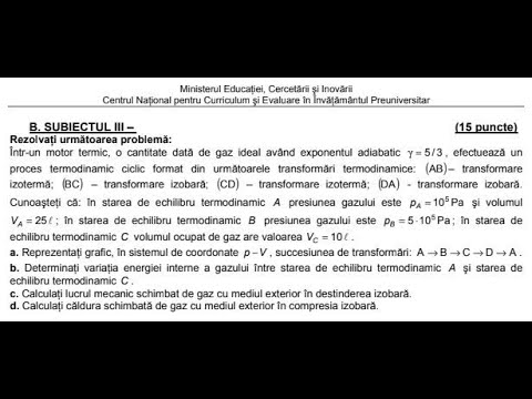 BACALAUREAT 2009. TERMODINAMICĂ. VARIANTA 46. SUBIECTUL 3.