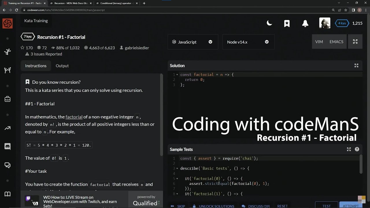 Codewars 7 kyu Recursion #1 - Factorial Javascript