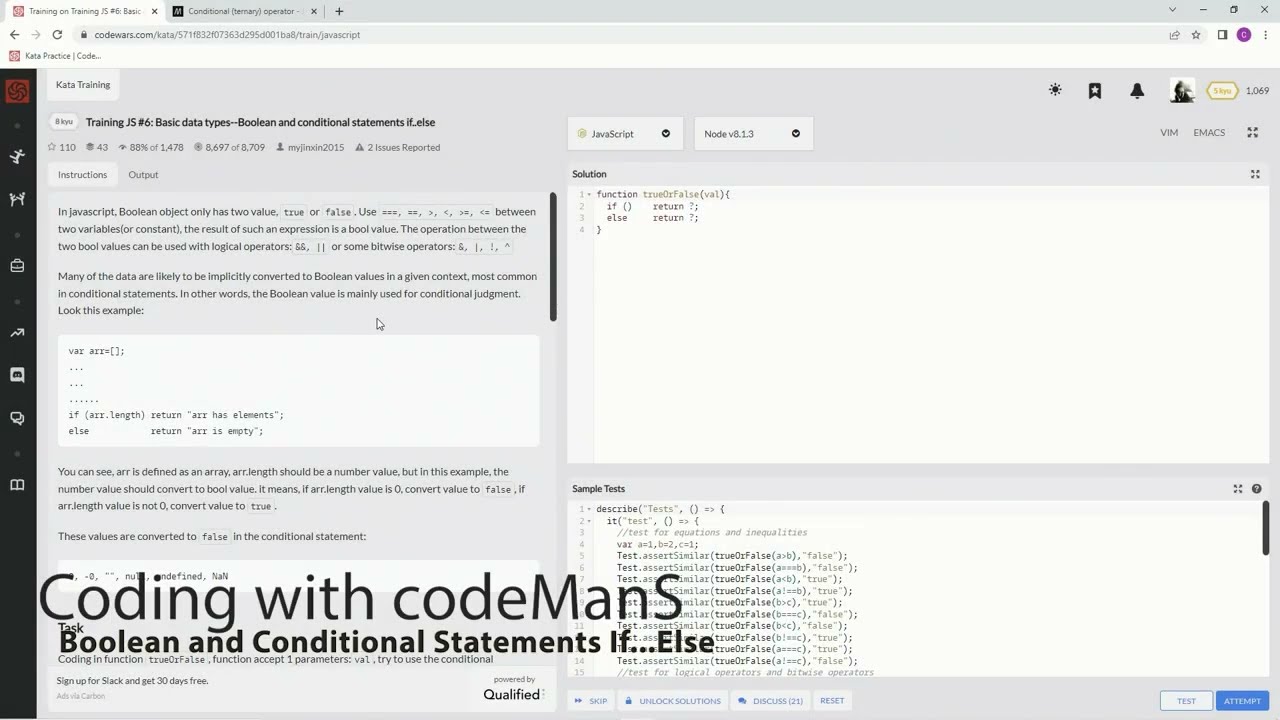 Codewars 8 kyu Boolean and Conditional Statements If..Else JavaScript
