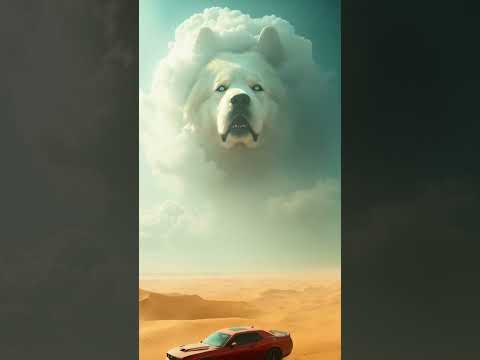 A mashup surreal art: giant giant Doge’s face emerges from clouds above a Desert Challenger