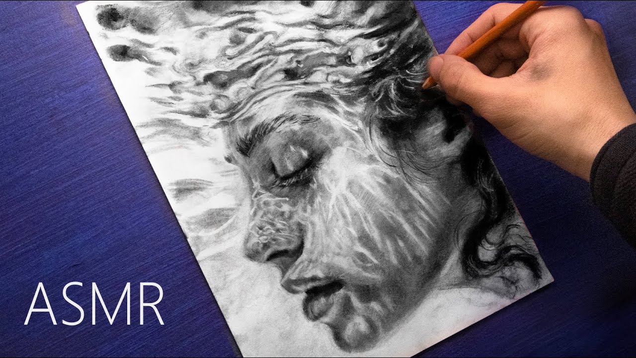 ASMR Underwater Portrait Drawing with Charcoal - No Talking