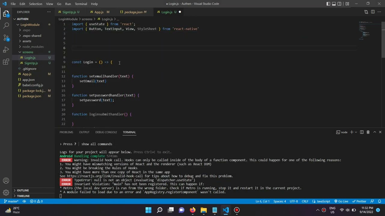 React Native Tutorial - How To Fix TypeError null is not an object (evaluating 'dispatcher.useState)