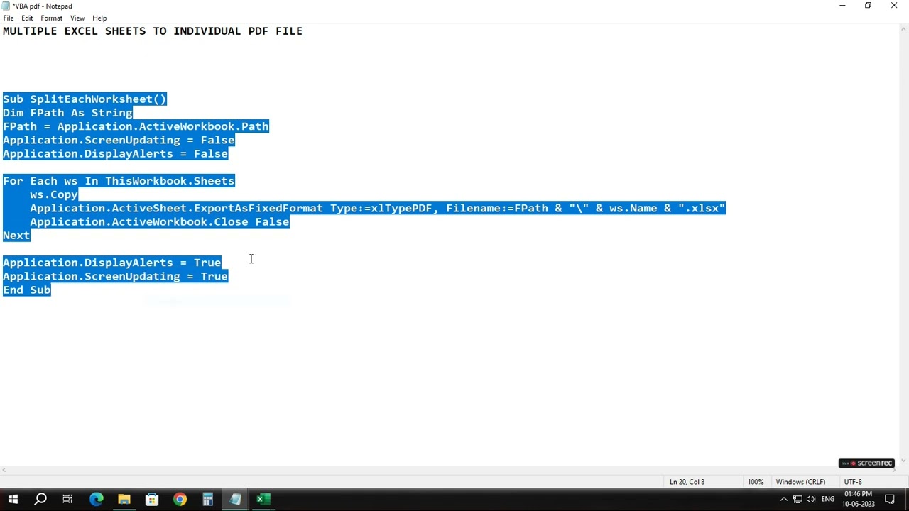 OFFICE WORK-EXCEL MULTIPLE SHEET TO INDIVIDUAL PDF FILE CONVERT USING VBA #exceltips #learning
