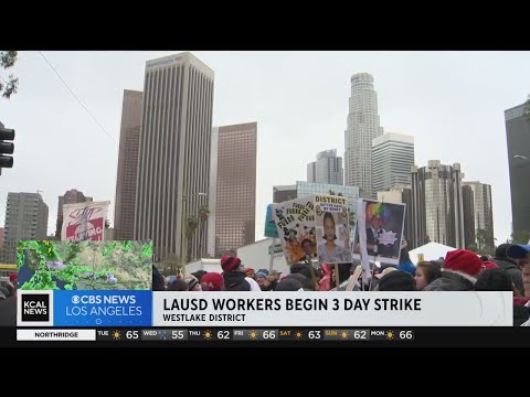Thousands of workers, teachers strike outside LAUSD headquarters