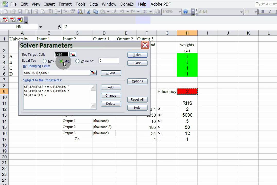 DEA University Example (Excel 2003)