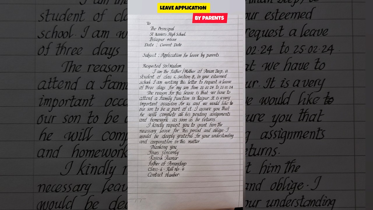 Leave Application For Students By Parents 🌟 #shorts #leaveapplicationforschool #handwriting