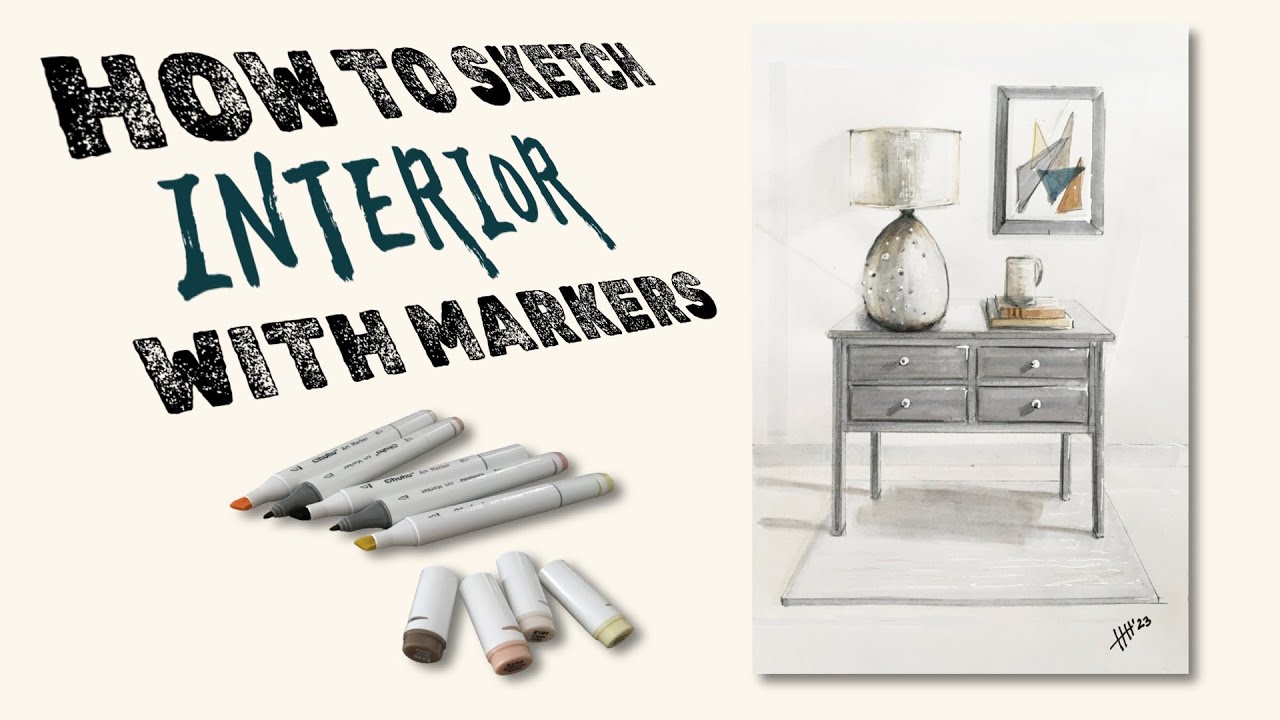 MARKER RENDERING INTERIOR DESIGN - How To Sketch an Interior in ONE POINT PERSPECTIVE | HH Design