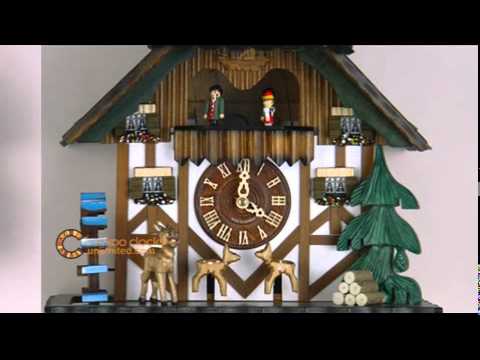 1 Day Musical Cuckoo Clock Cottage w/ Jumping Deer & Moving Waterwheel 13 In. Tall- Black Forest