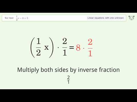 Linear equation with one unknown: Solve 1/2x-3=5 step-by-step solution