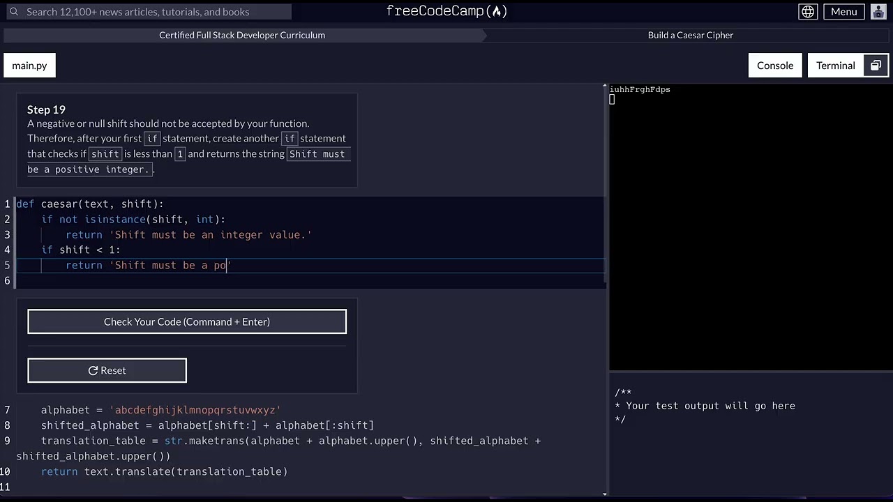 FreeCodeCamp - Python Project - Step 19 of 25 - Caesar Cipher