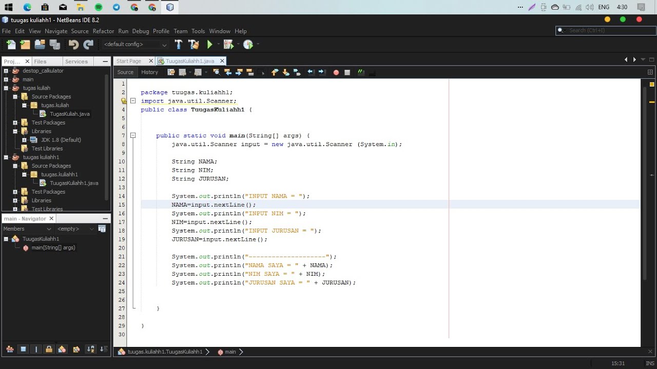 Membuat Program Data Mahasiswa NAMA, NIM, JURUSAN JAVA Tugas Kuliah Input/Output #java