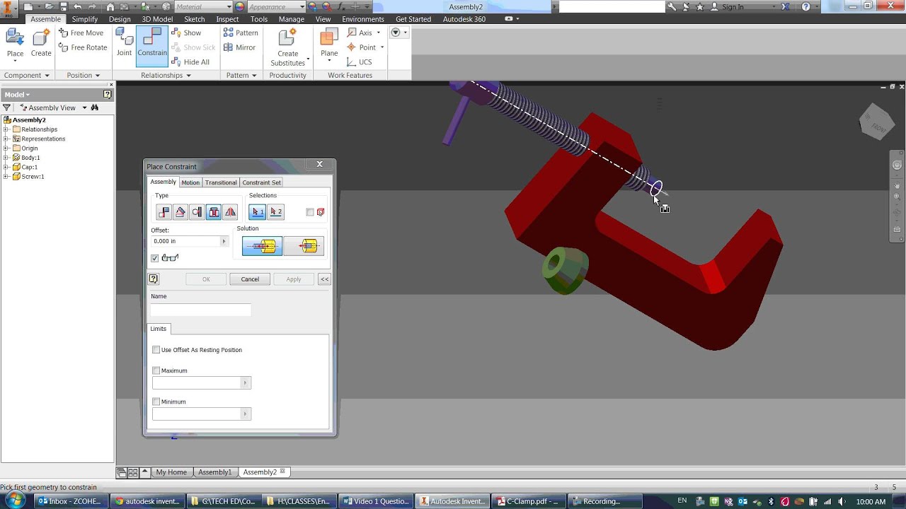 Autodesk Inventor Tutorials C-Clamp part 2--Assembly